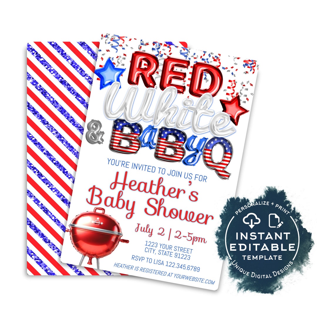 Red White and Babyq Invitation, Editable 4th of July BBQ Baby Shower ...