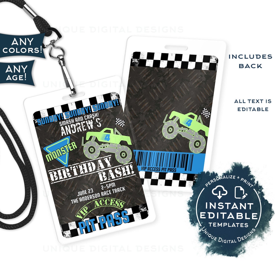Monster Truck Birthday All Access Pass, Editable Birthday Bash Party ...