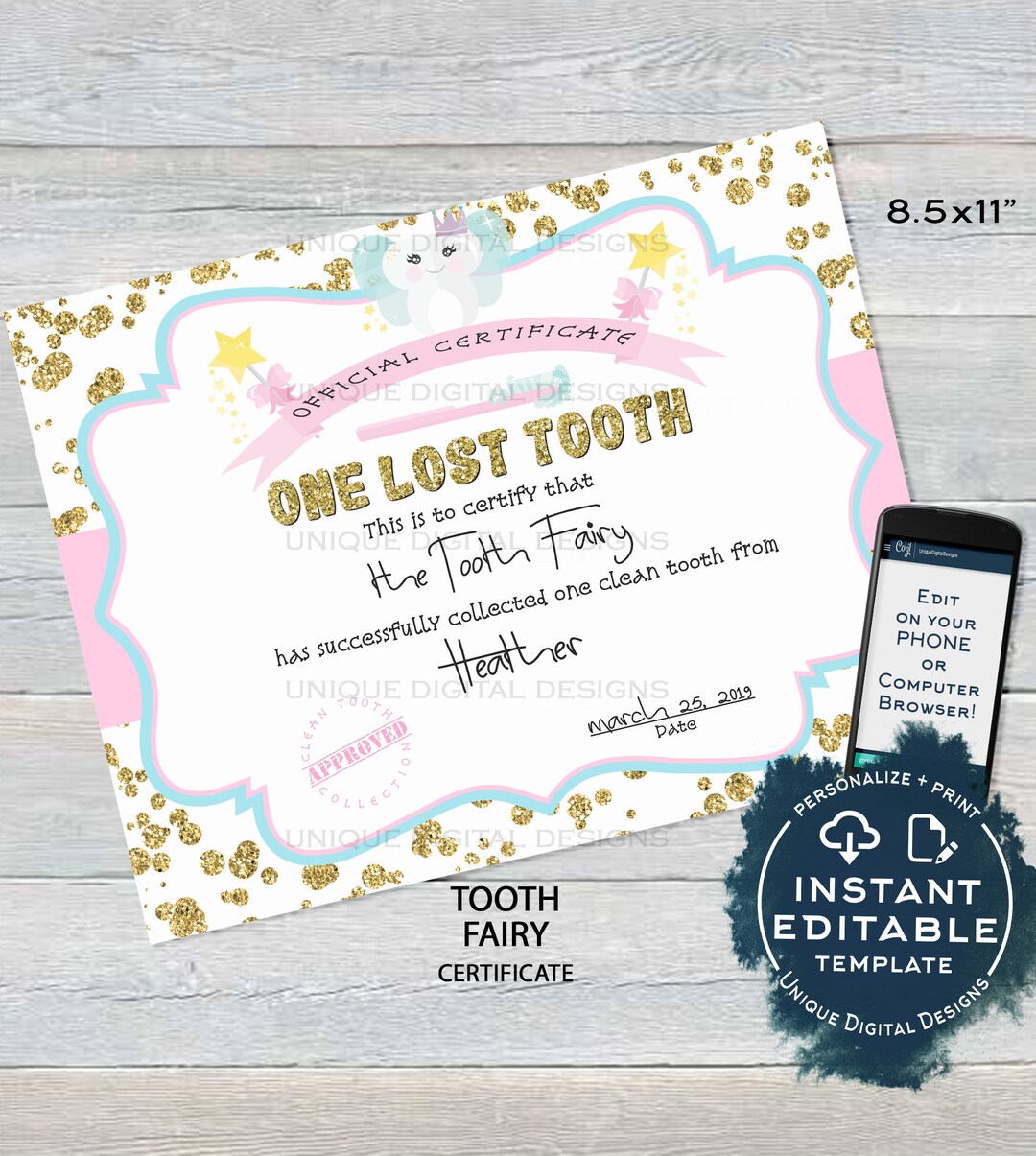 Editable Tooth Fairy Letter, Lost Tooth Certificate, Custom Tooth Fairy ...