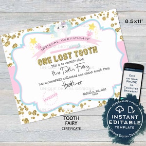 Editable Tooth Fairy Letter, Lost Tooth Certificate, Custom Tooth Fairy ...