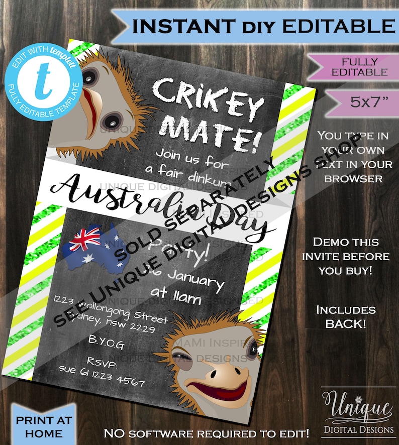 Australia Day Invitation Editable Rustic Aussie Invite | Etsy