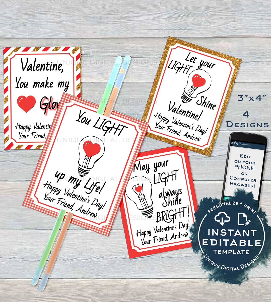 Valentine Card, Glow Stick Favor Tags, Kids Editable Valentines Cards ...