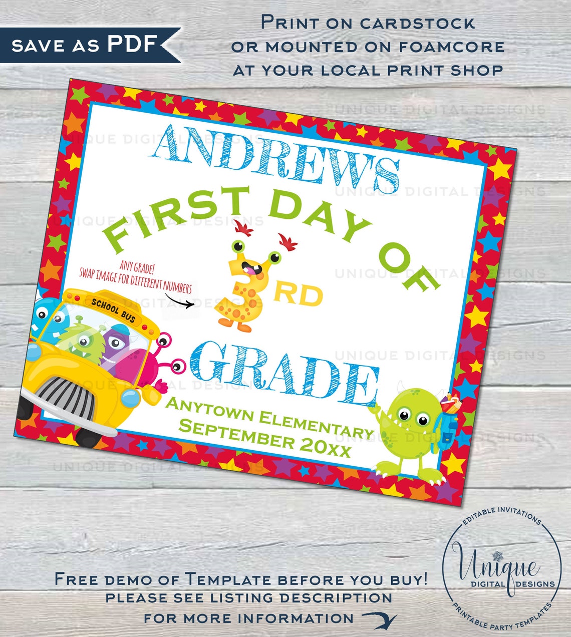 Monster Editable First Day of School Sign, Reusable Unique Boys Last ...