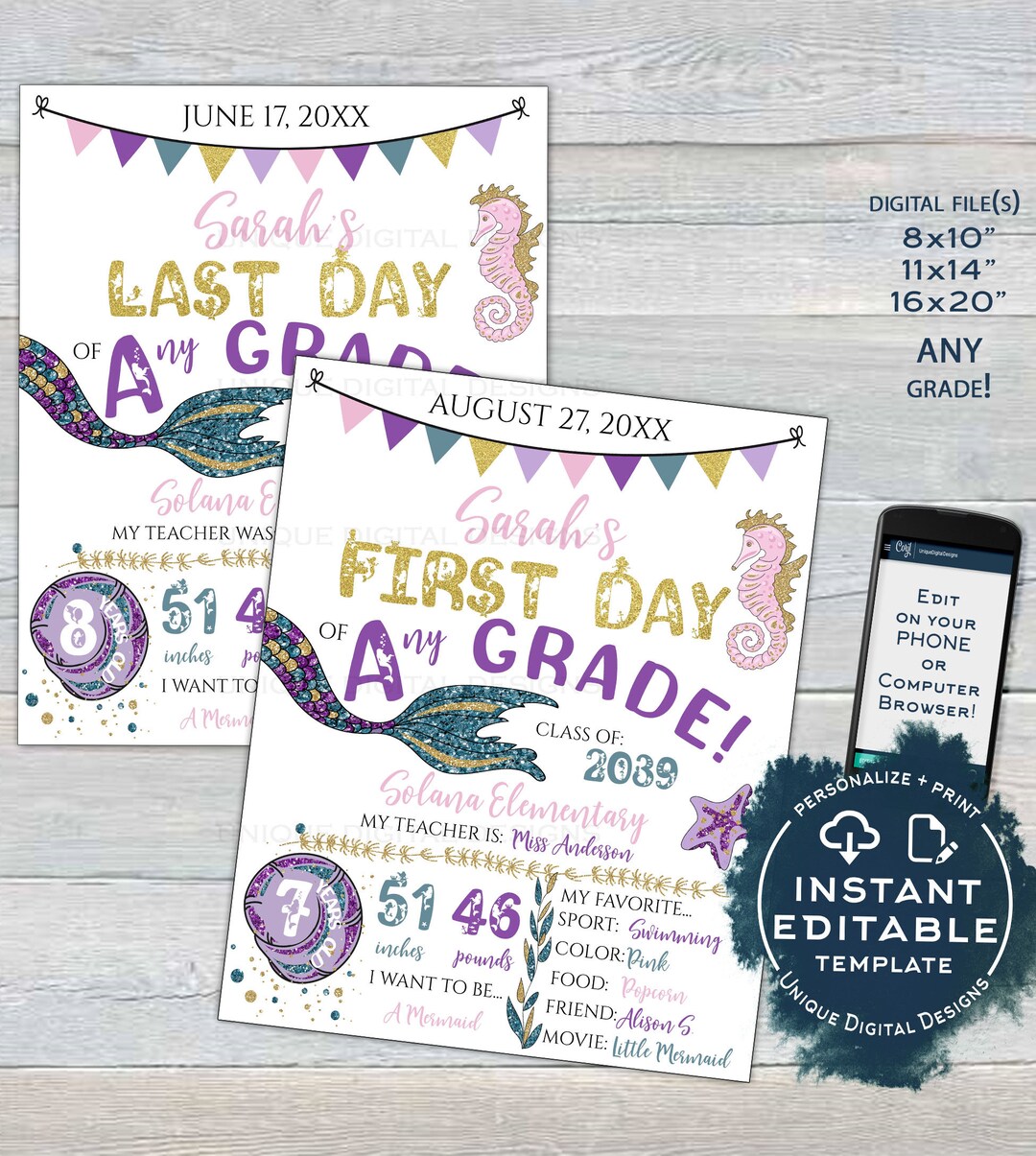 Editable Back to School Photo Prop, Girls Mermaid 1st Day Back to ...