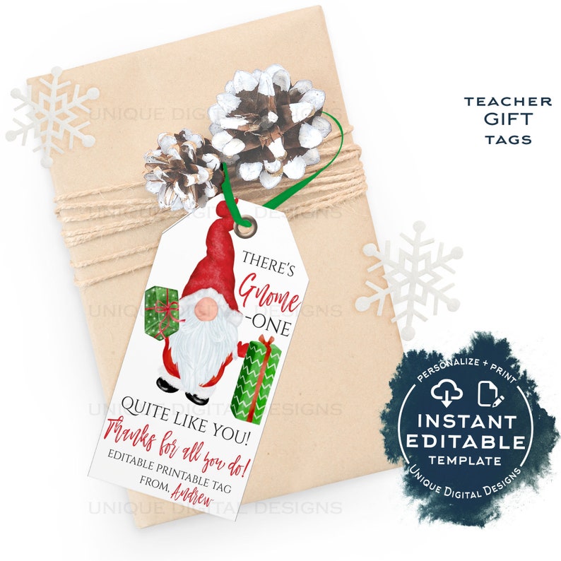 Editable Christmas Gift Tags, Teacher Gnome One Like You, Personalized ...