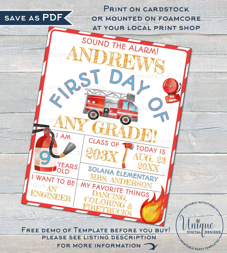 Editable First Day of School Sign Firetruck Back to School - Etsy