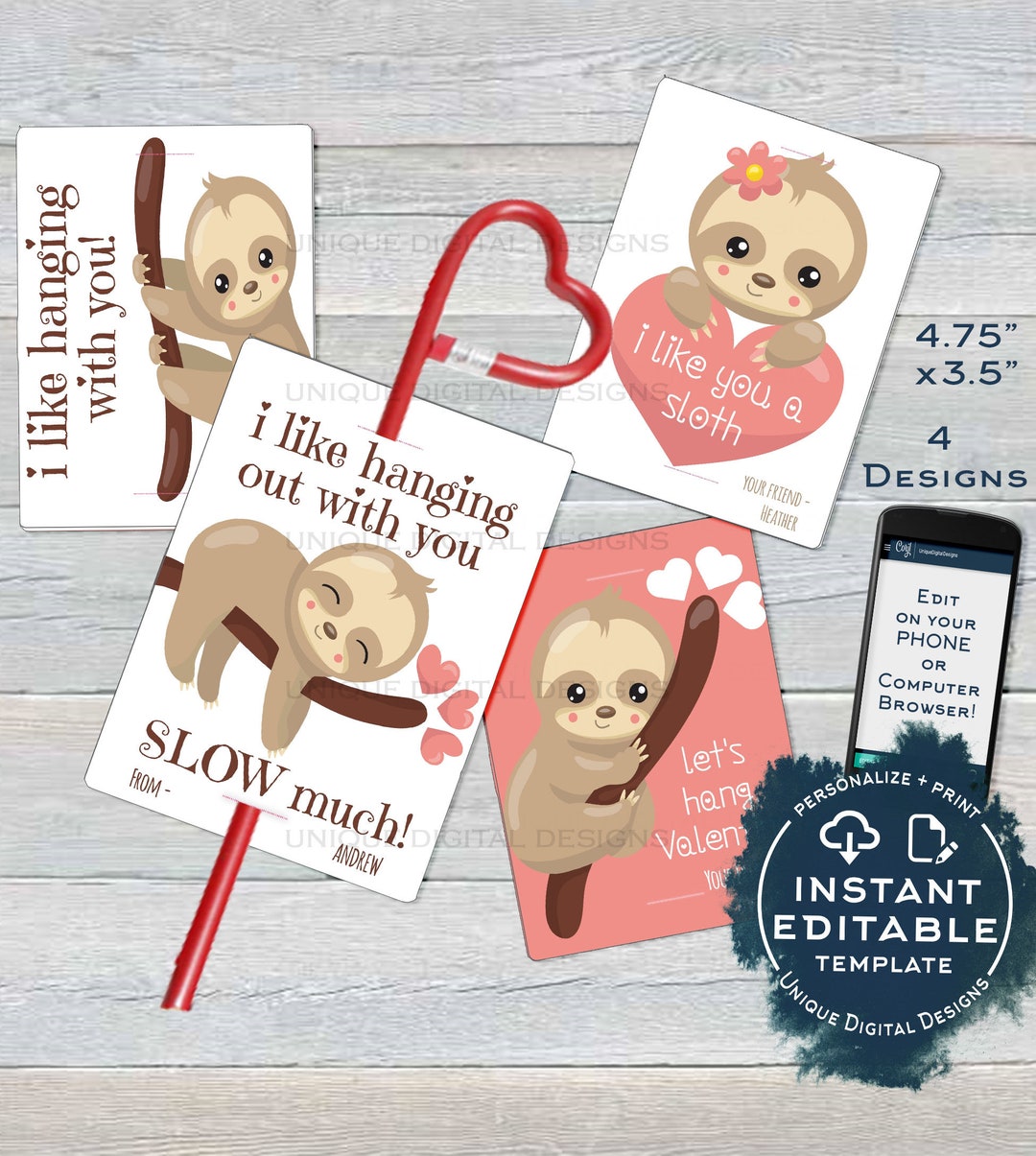 Sloth Valentine Card, Kids Editable Valentines Day Sloth Classroom, I ...