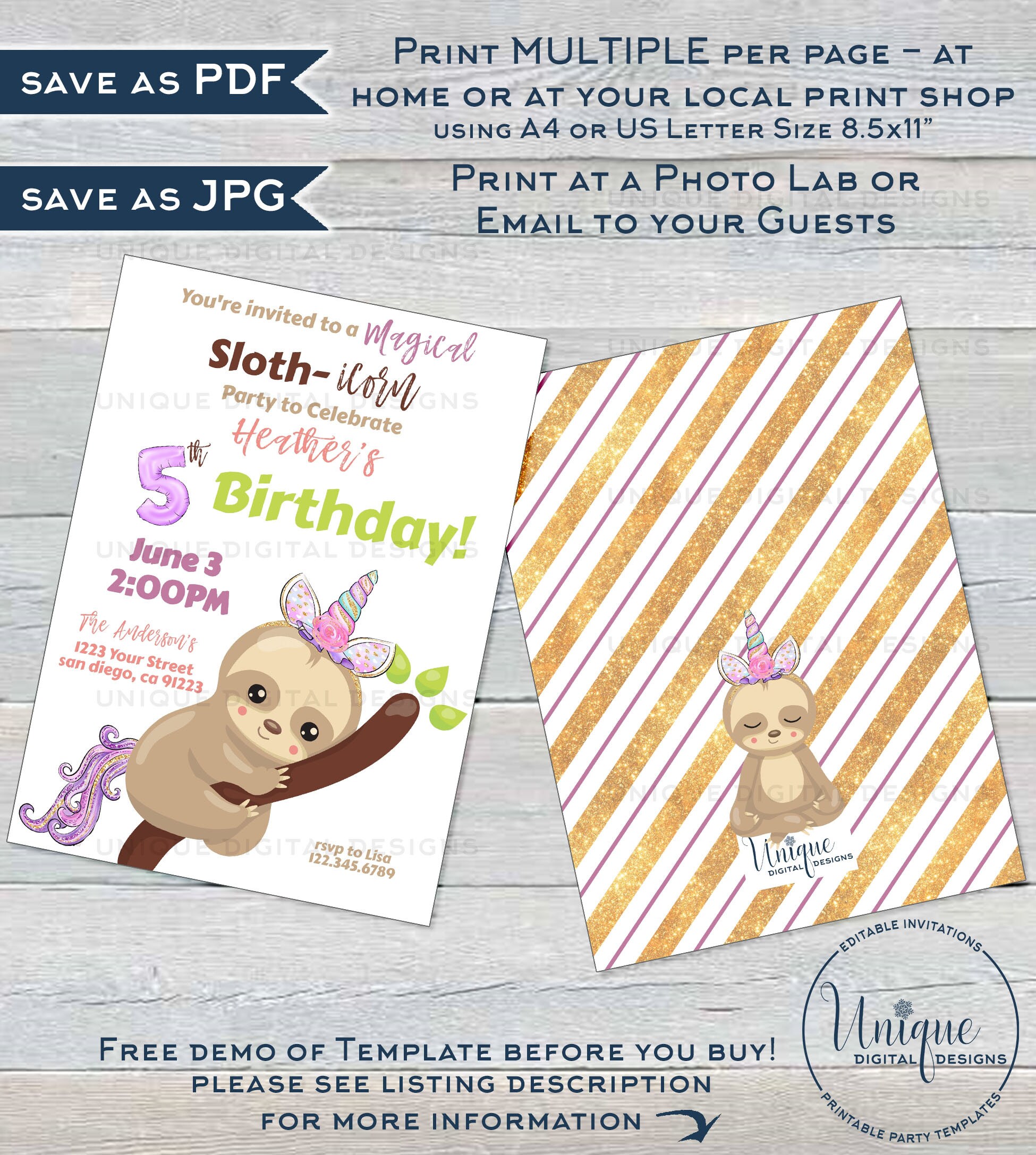 Slothicorn Invitation Unicorn Birthday Party Gold Glitter - Etsy