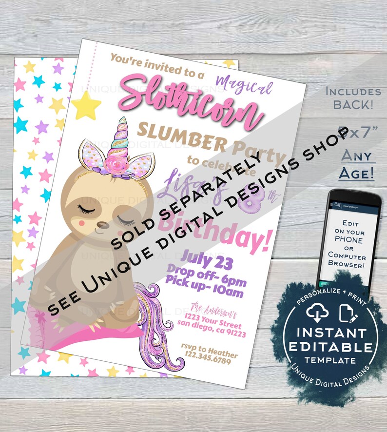 Sloth Sleepover Pool Party Invitation Slothicorn Editable - Etsy