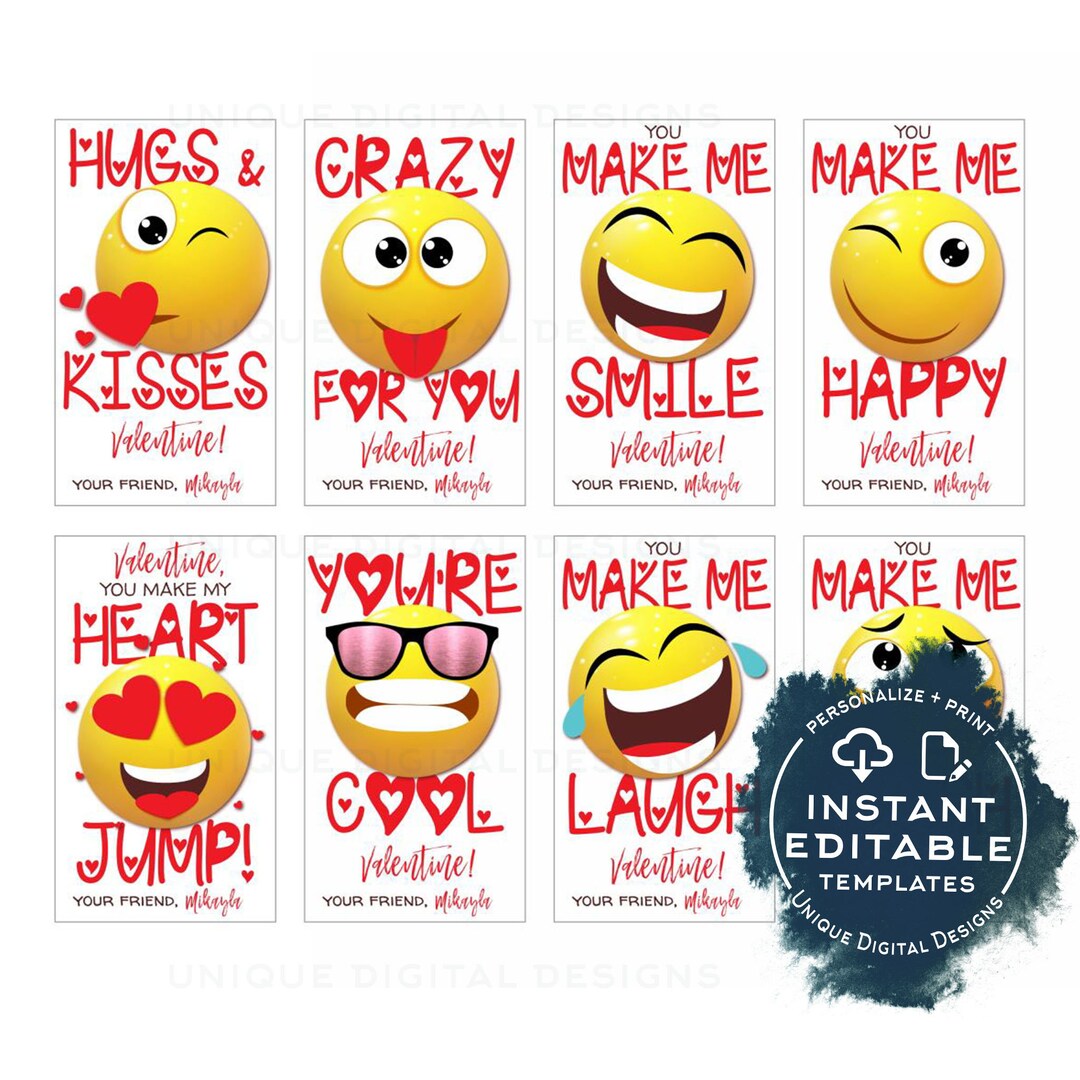 Valentine's Gift Tags, Editable Emoji Valentine Cards Set of 8 ...