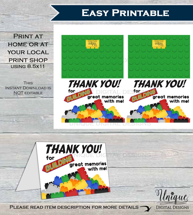 Printable Thank You Card, Building Block Birthday Thank You, Block ...