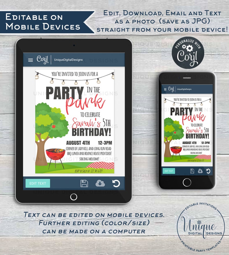 Editable Party in the Park Invitation Template, Picnic Birthday Party ...