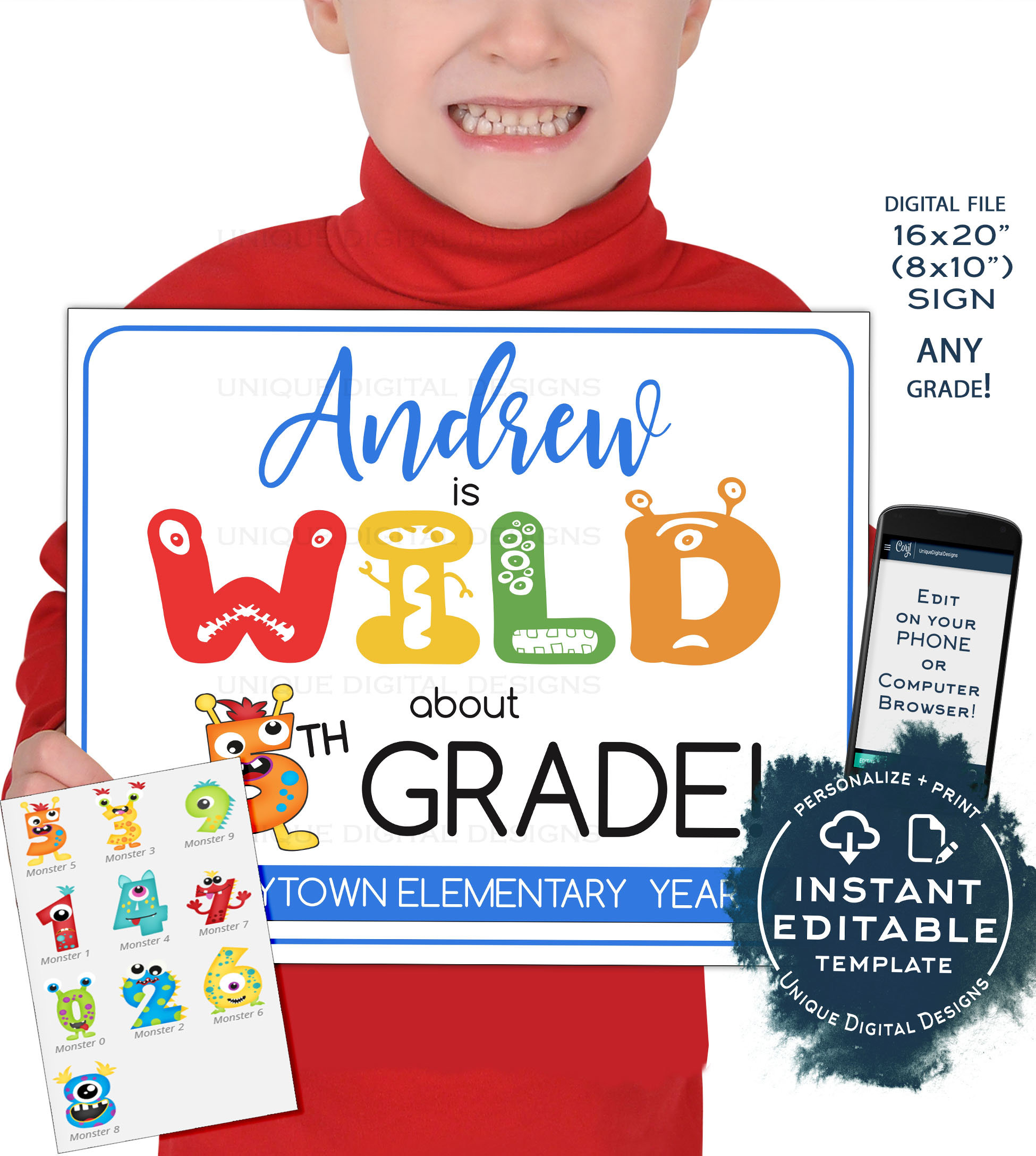 Wild About School Sign, Editable First Day of School Sign, Monsters ...