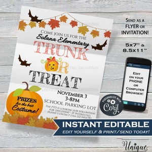 Trunk or Treat Flyer, Editable Halloween Invitation Template, Kids ...