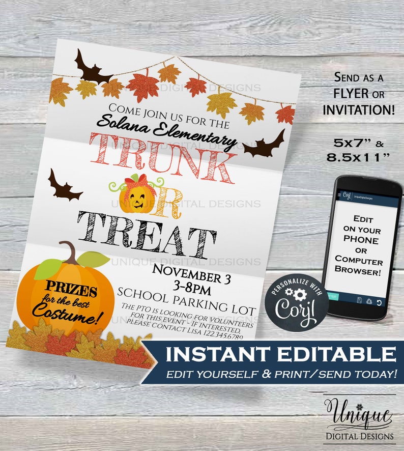 Trunk or Treat Flyer Editable Halloween Invitation Template - Etsy