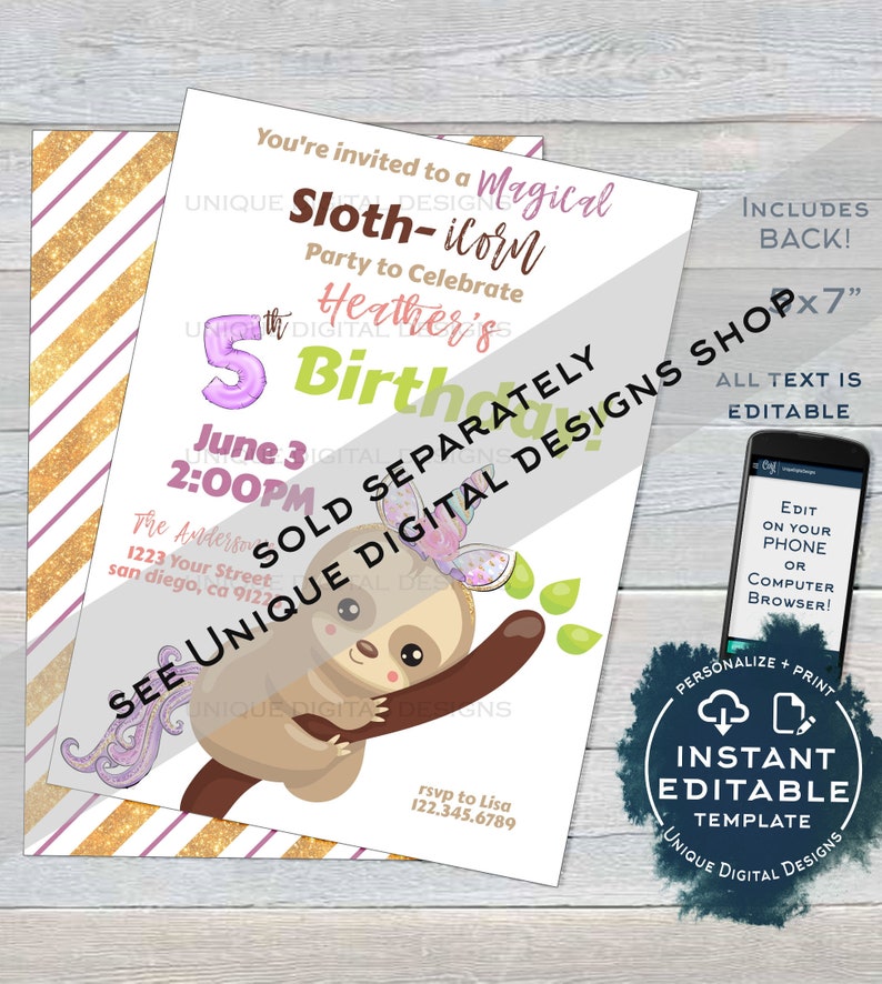 Sloth Sleepover Pool Party Invitation Slothicorn Editable | Etsy