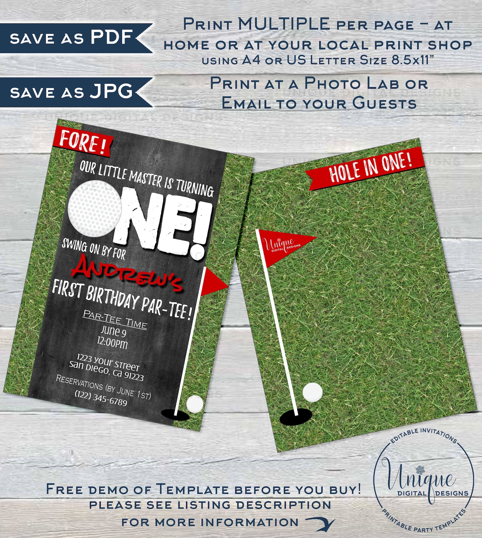 Golf First Birthday Party Invitation , Editable Hole in One Par-tee ...