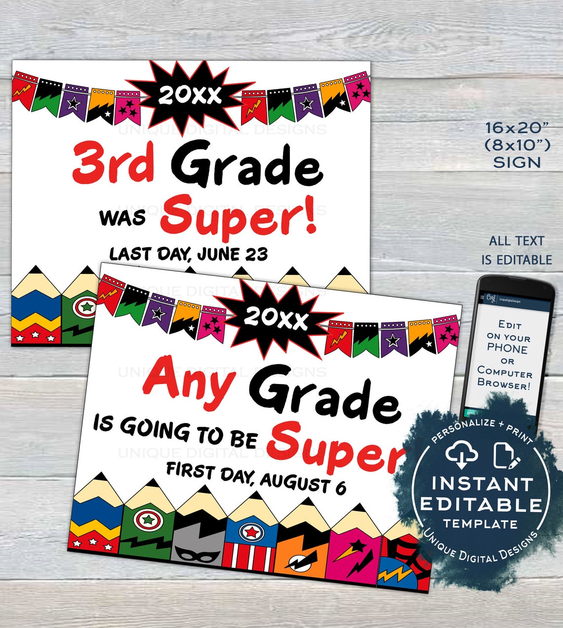 Editable Superhero First Day of School Sign Reusable Boys | Etsy