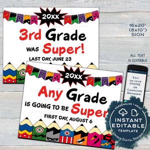 Editable Superhero First Day of School Sign, Reusable Boys Super Last ...