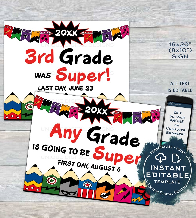 Editable Superhero First Day of School Sign Reusable Boys - Etsy