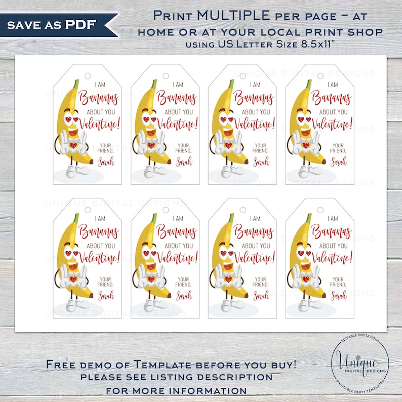 Editable Bananas About You Valentine Gift Tags, Girls or Boys Silly ...
