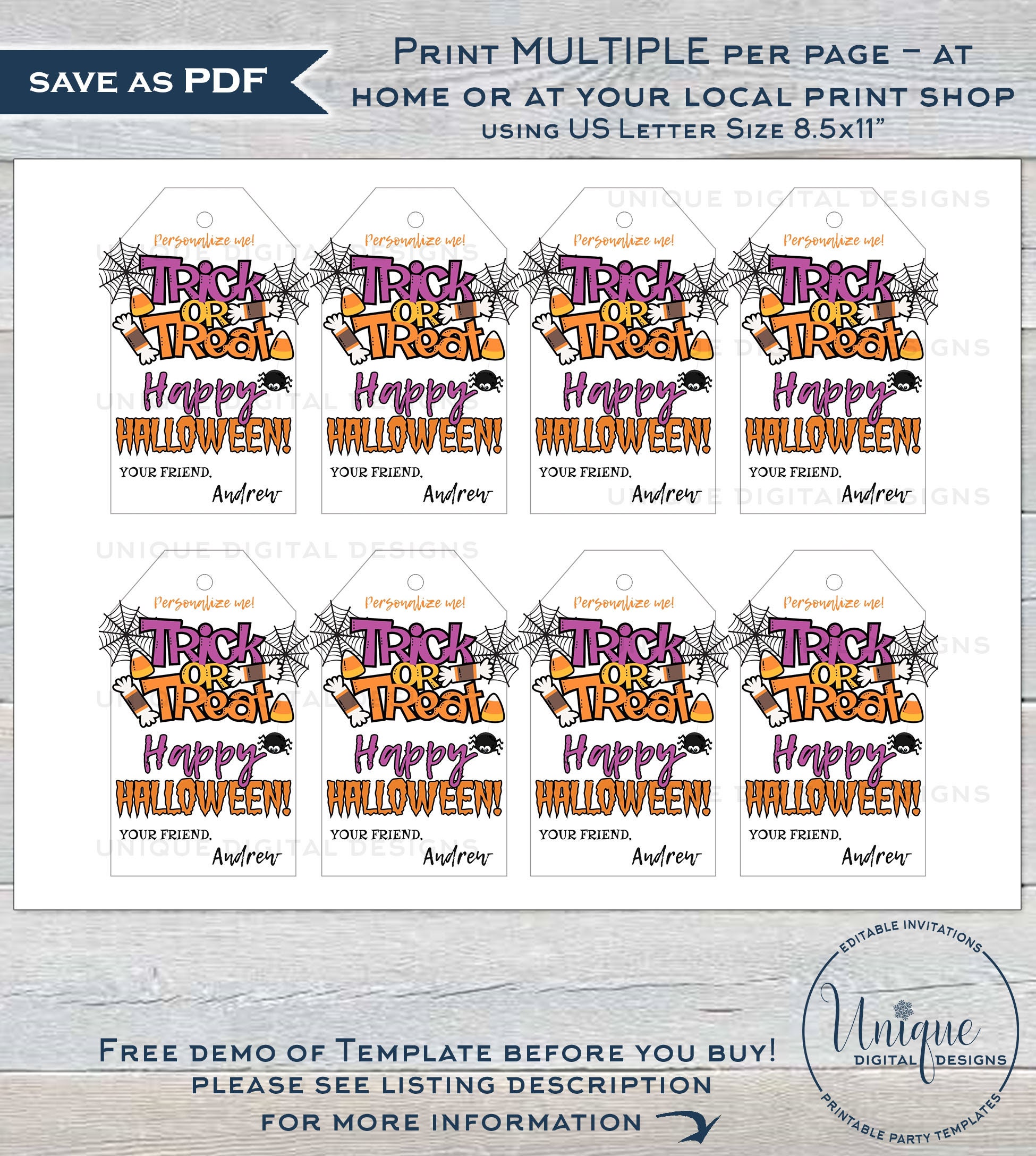 Editable Halloween Tags Printable, Trick or Treat Personalized ...