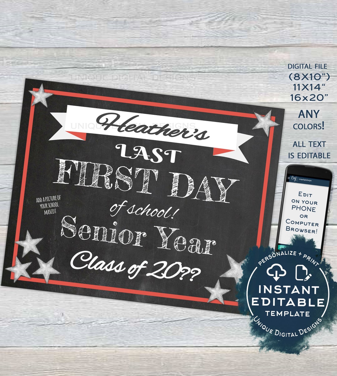 Last First Day of School Chalkboard Senior Year Sign- Any Color- Any ...