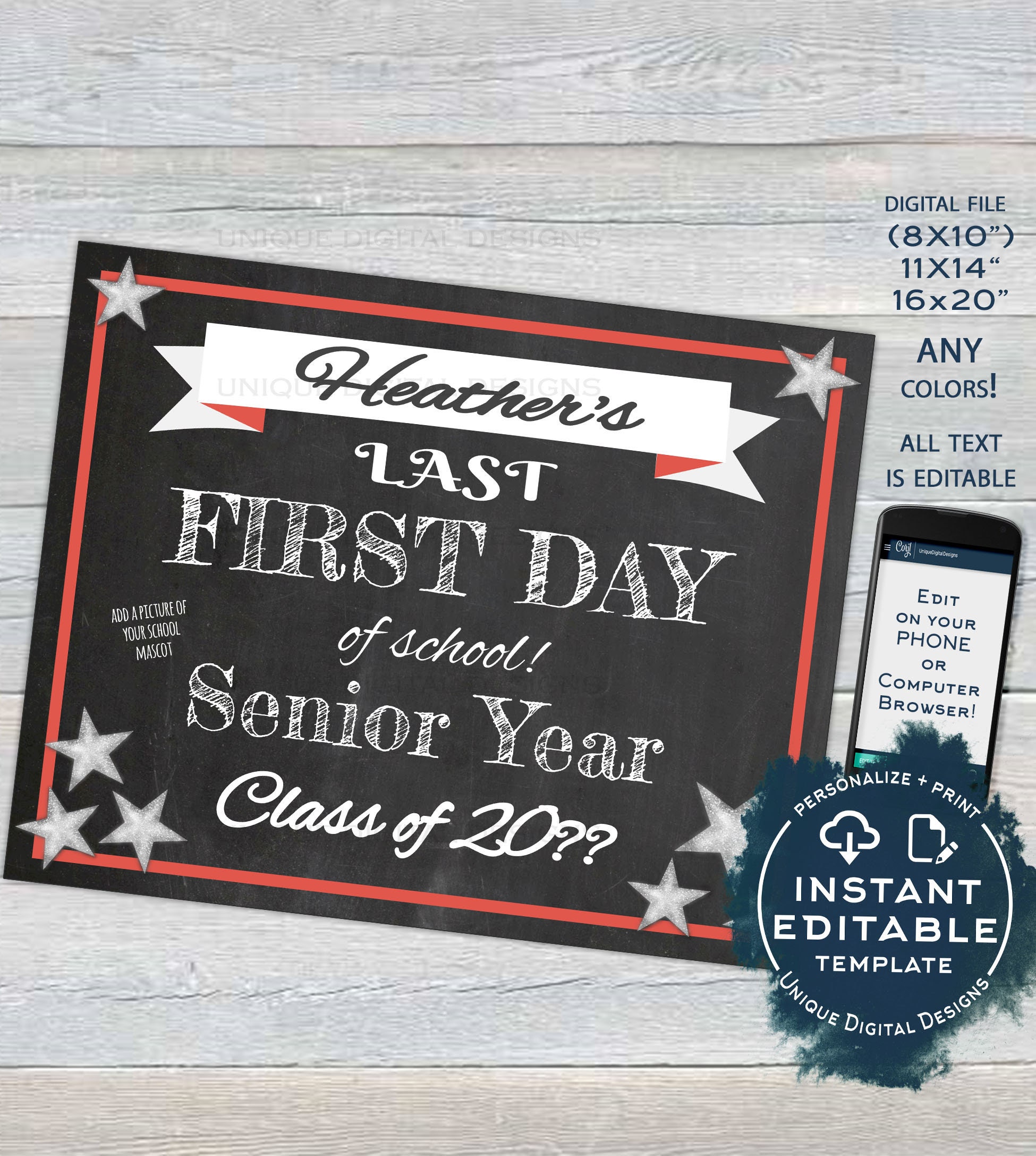 Last First Day of School Chalkboard Senior Year Sign- Any Color- Any ...