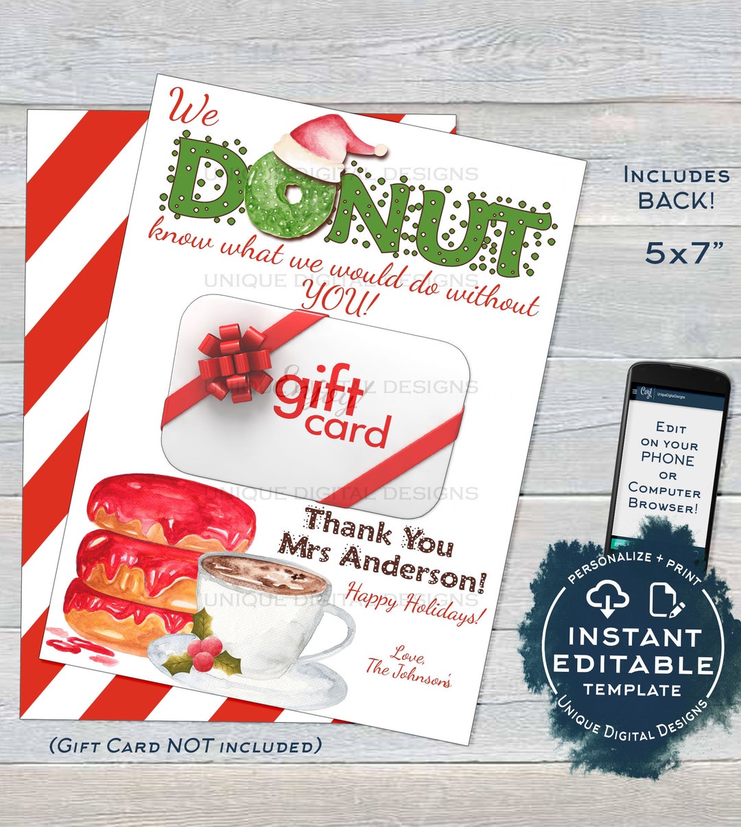 Editable Donut Gift Tags, Christmas Teacher Thank You Gift Card Holder ...
