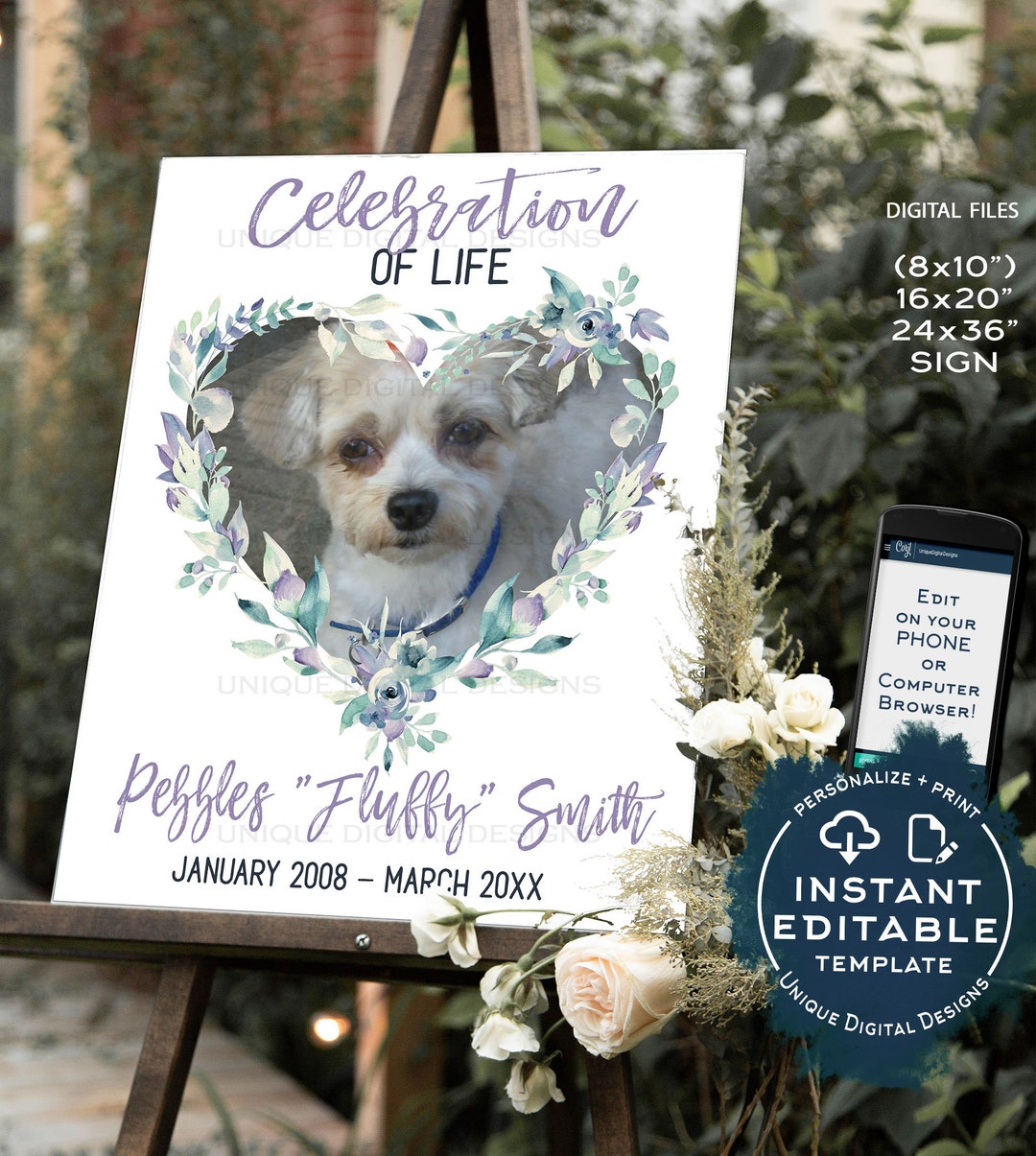 Dog Memorial Sign, Editable Celebration of Life Poster for Pet Lovers ...