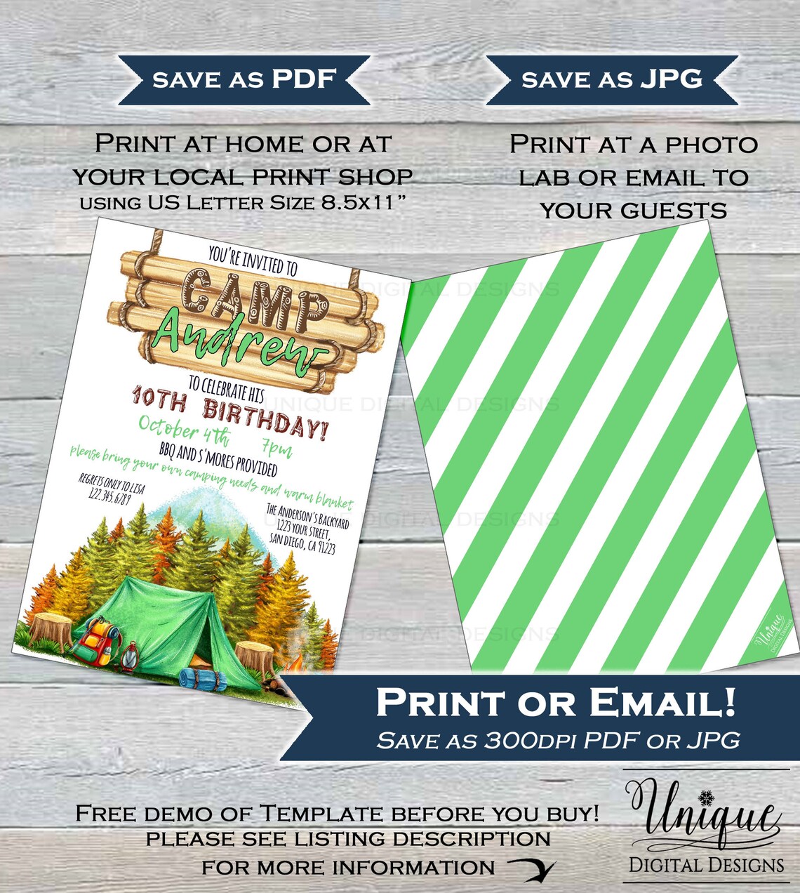 Camping Birthday Invitation, Editable Glamping Invitation, Backyard ...