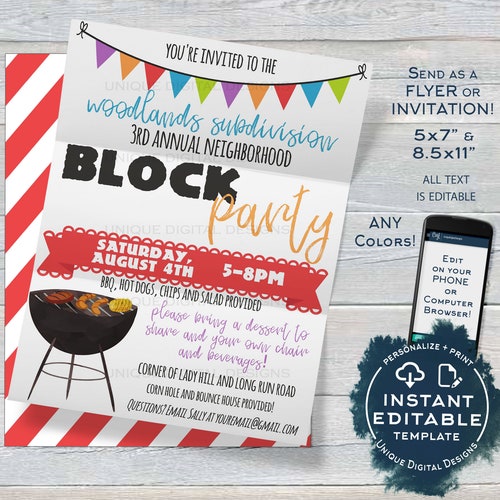 EDITABLE Neighborhood Block Party Invite Bbq Picnic Summer - Etsy