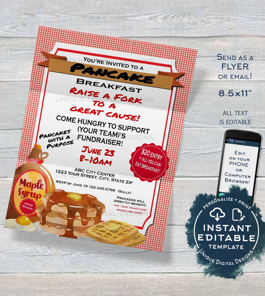 Pancake Breakfast Fundraiser FLYER Invitation, Editable Pancake Social ...