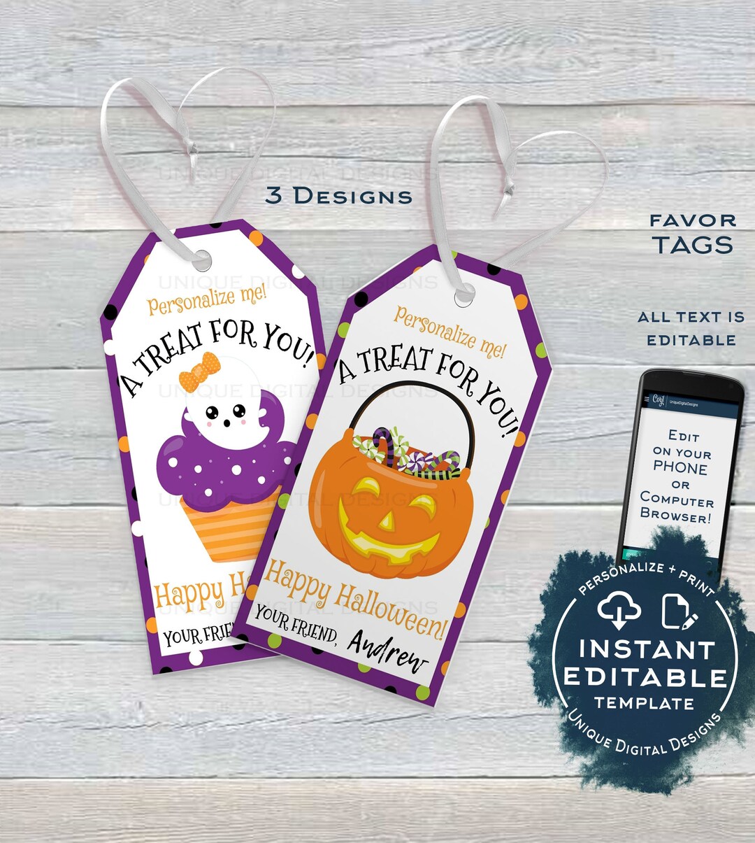 Editable Halloween Favor Tags, Personalized Halloween Tags Trick or ...