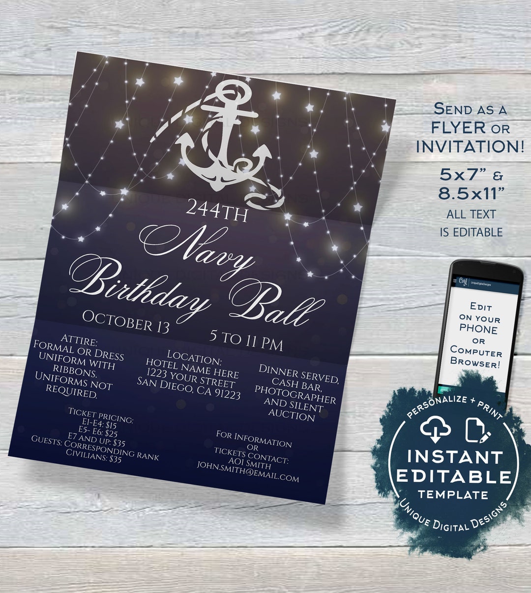 Military Ball Flyer, Navy Birthday Ball Invitation Editable Military ...