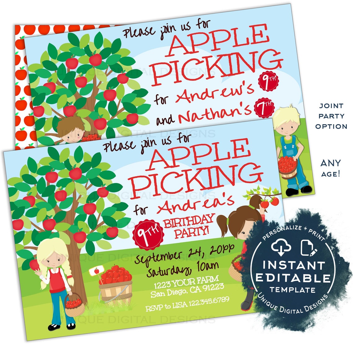 Editable Apple Picking Birthday Invitation Fall Apple Farm - Etsy