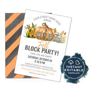 Fall Block Party Invitation, Editable Street Party Invite, Fall ...