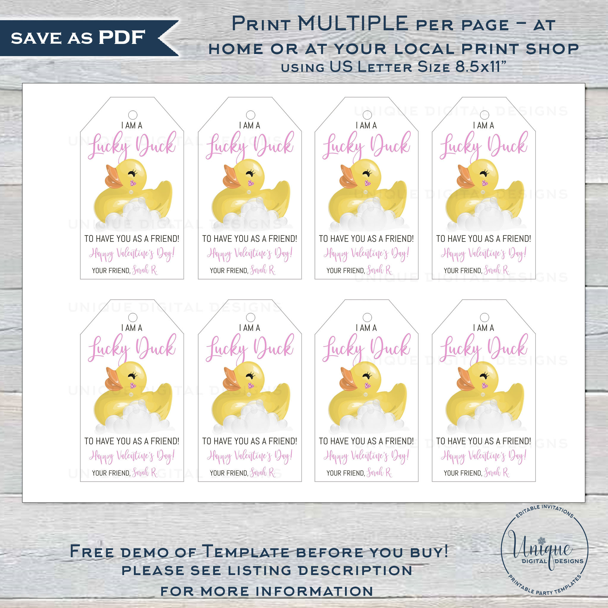 Editable Valentine Lucky Duck Tags, Kid Friend Rubber Ducky Valentine ...