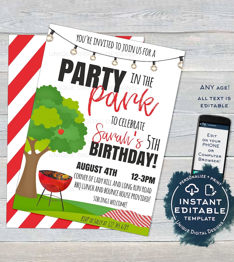Editable Party in the Park Invitation Template, Picnic Birthday Party ...