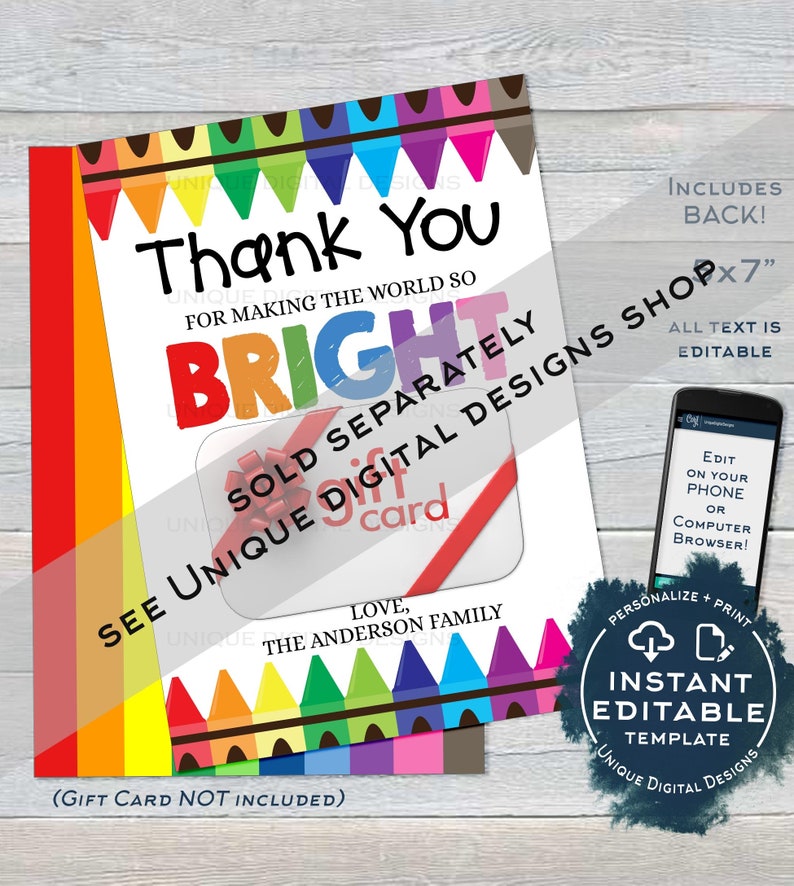 Teacher Gift Card Printable, Editable Staff Thank You Card Printable ...