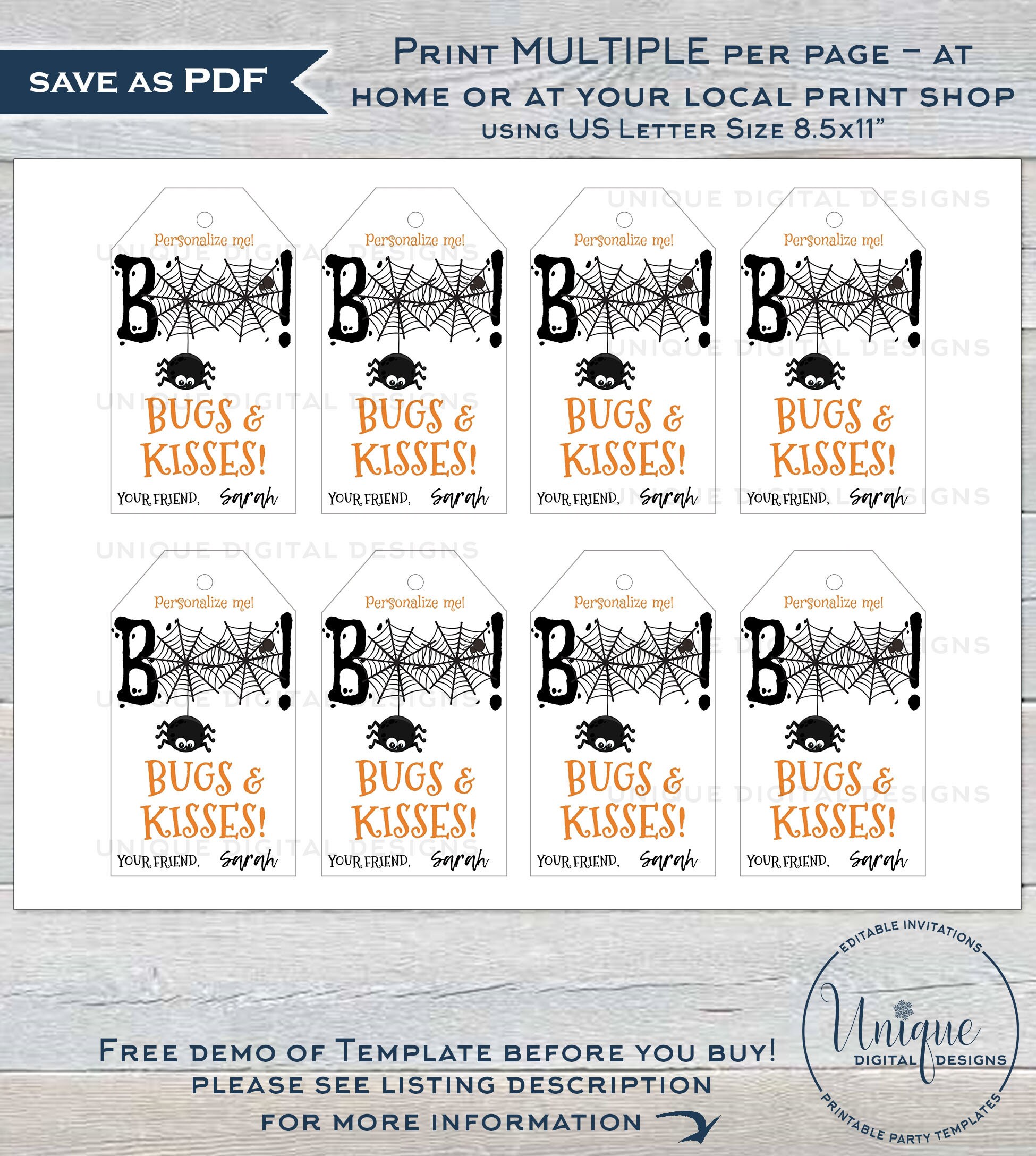 Editable Halloween Favor Tags, Bugs and Kisses Personalized Halloween ...