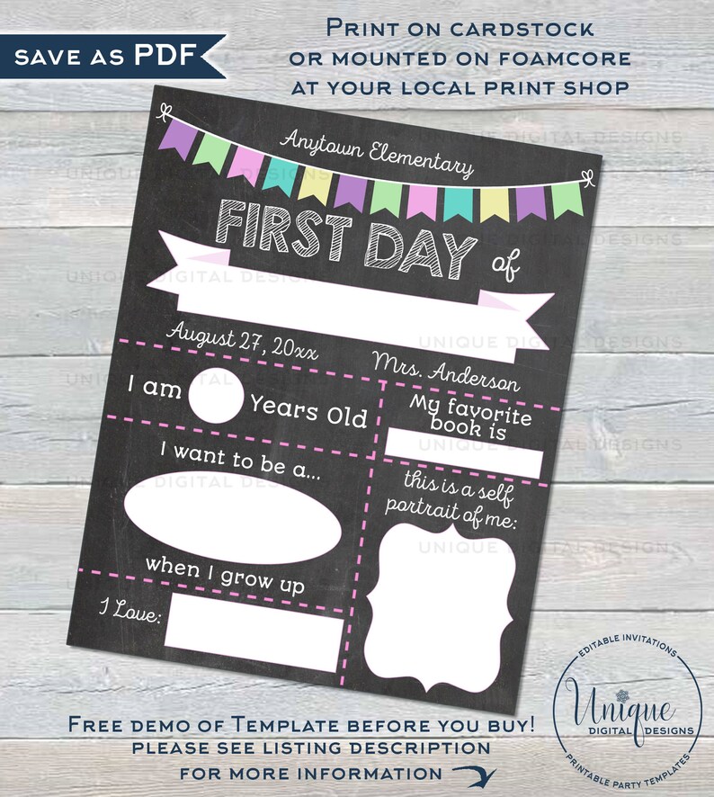 Editable Back to School Photo Prop Girls 1st Day Back to | Etsy