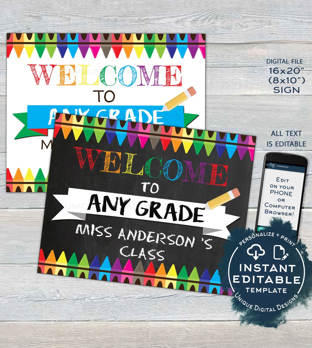 Welcome to School Chalkboard Sign, Editable Teacher First Day of School ...