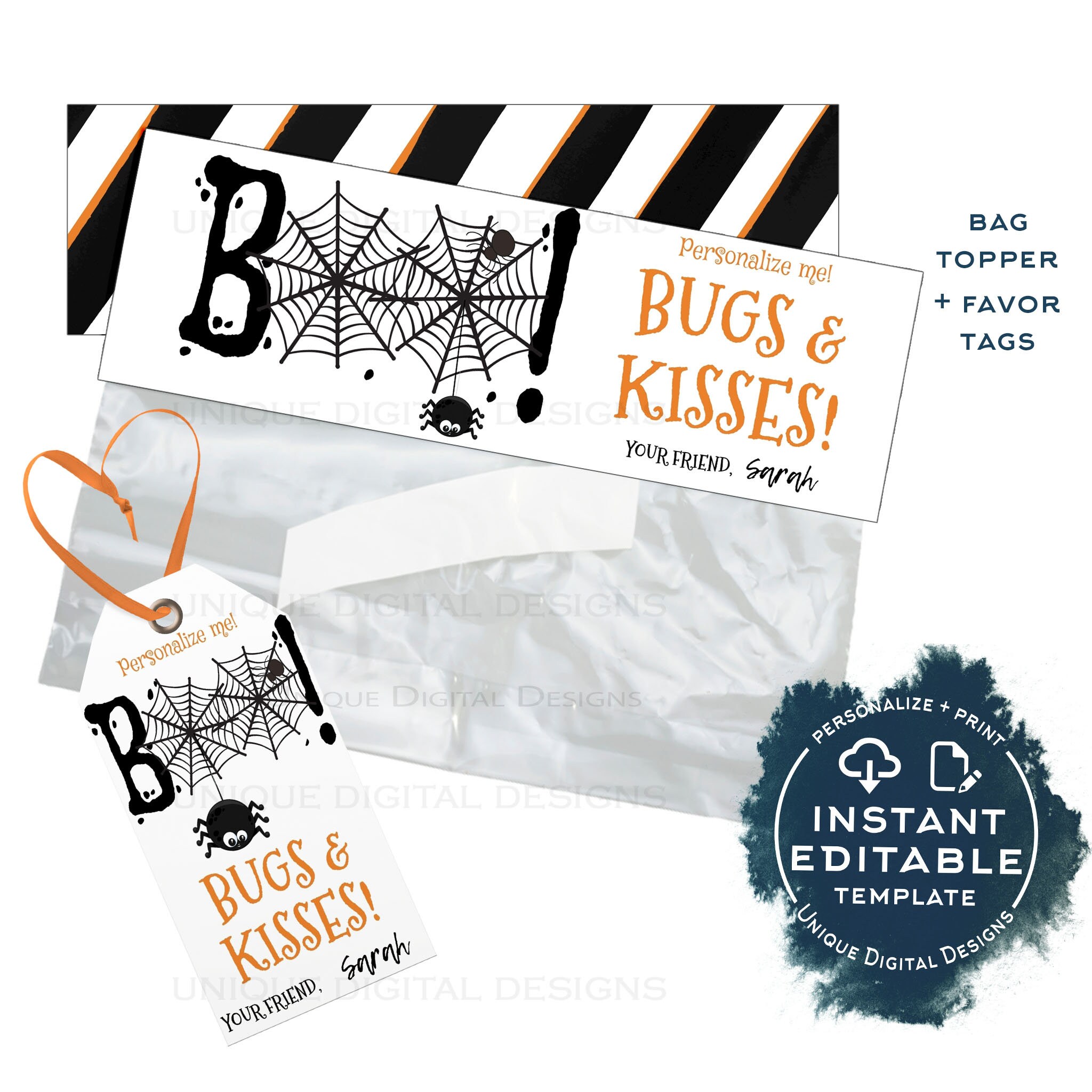 Editable Halloween Favor Tags Bugs and Kisses Personalized - Etsy