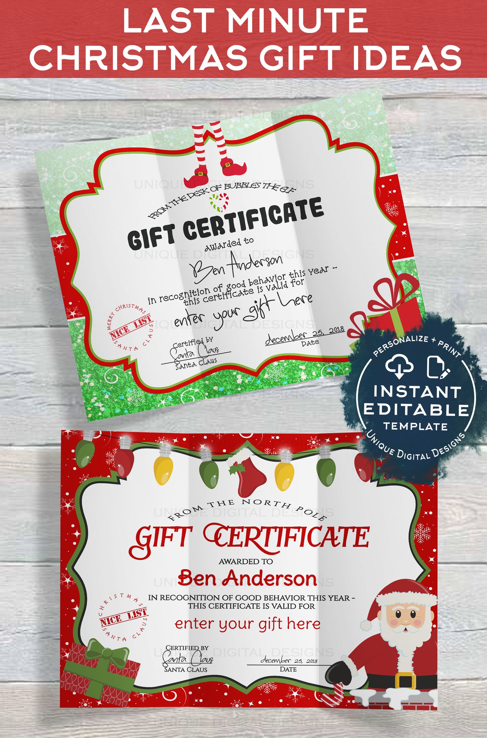 Christmas Gift Certificates Templates, Editable Gift From Santa, Last ...