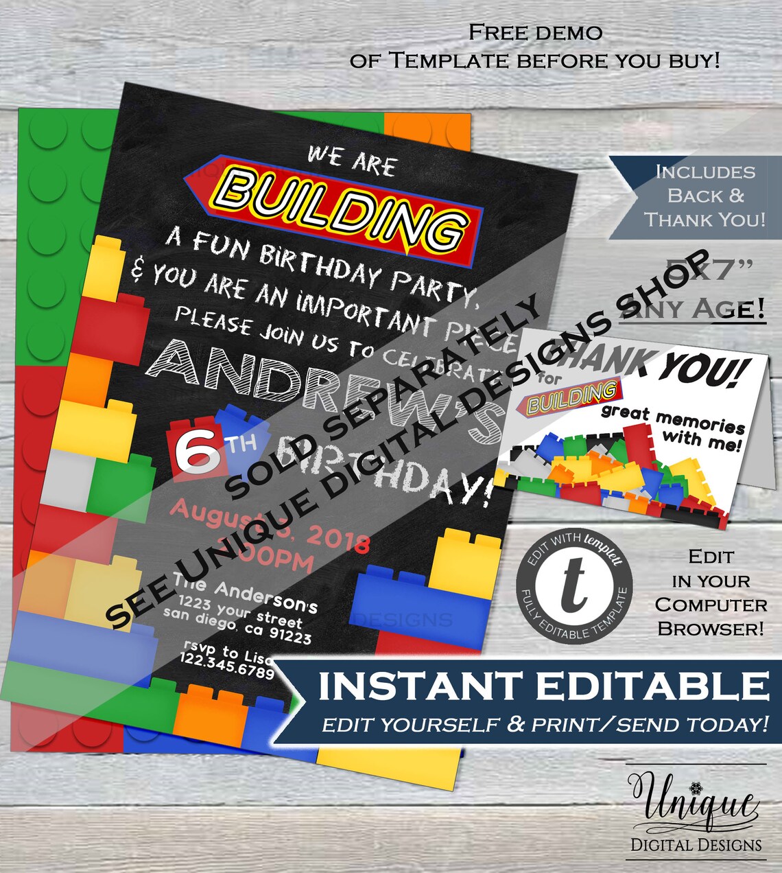 Printable Thank You Card, Building Block Birthday Thank You, Block ...