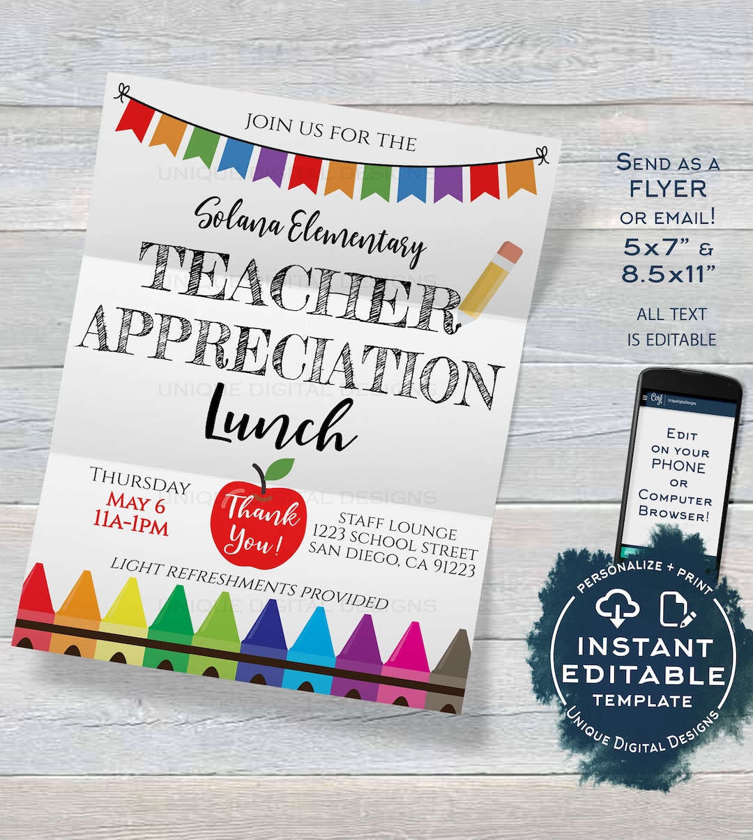 Teacher Appreciation Lunch School Invitation, Editable School Staff ...