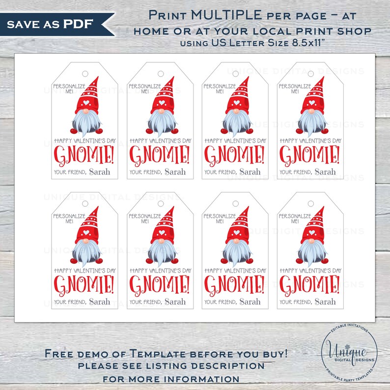 Editable Hangin' With My Gnomies Valentine's Gift Tags, Personalized ...