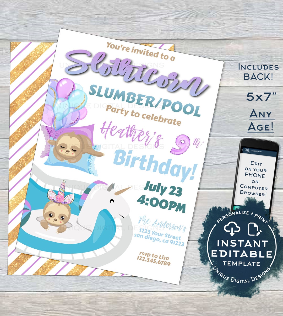 Sloth Sleepover Pool Party Invitation, Slothicorn Editable Unicorn ...