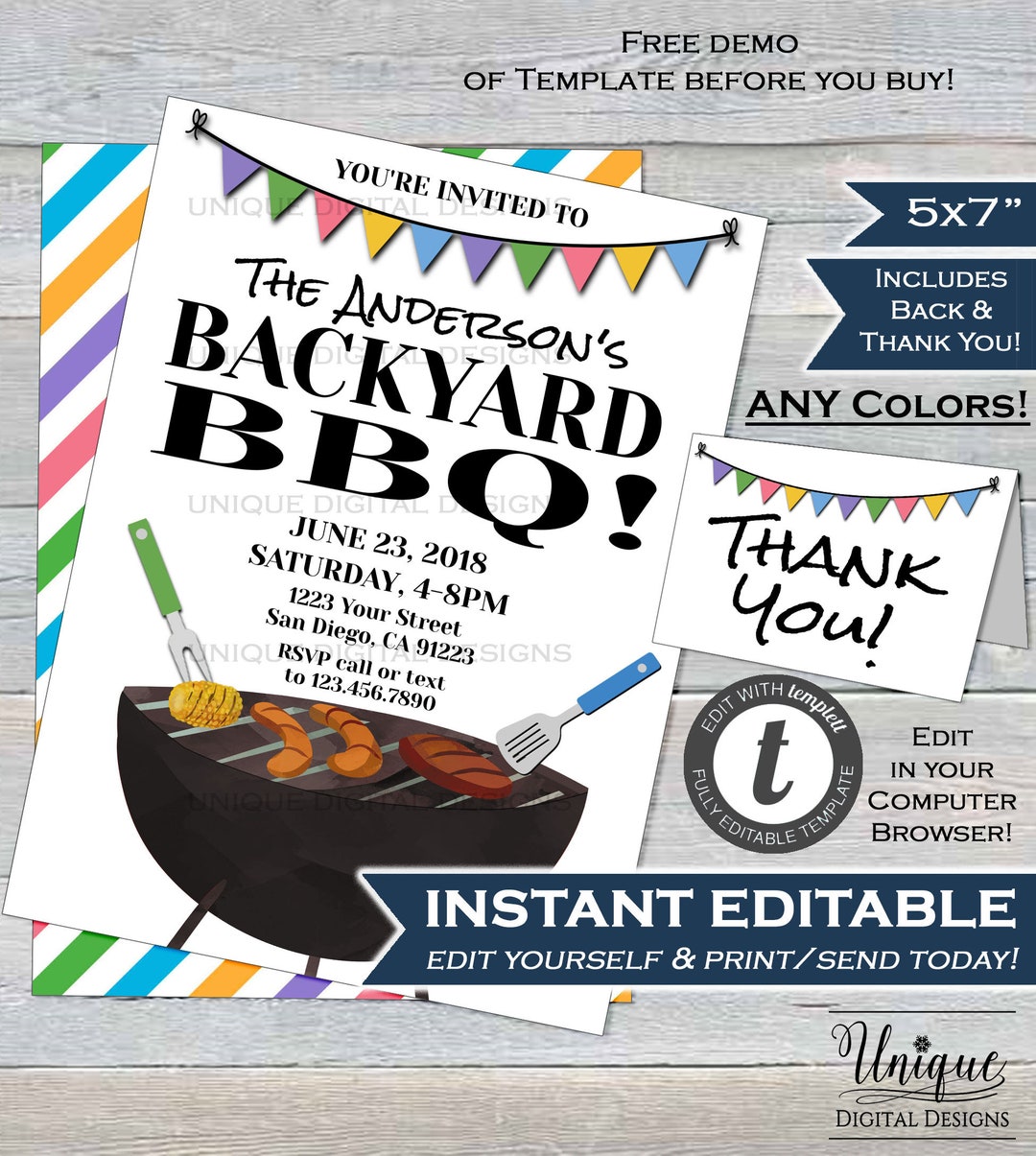 Summer Backyard BBQ Invitation, Editable Neighborhood Yard Grill Out ...